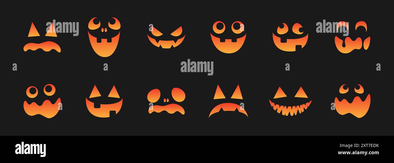 Scary Monster Faces Set. Jack O Lantern Face Halloween Pumpkin Icon ...