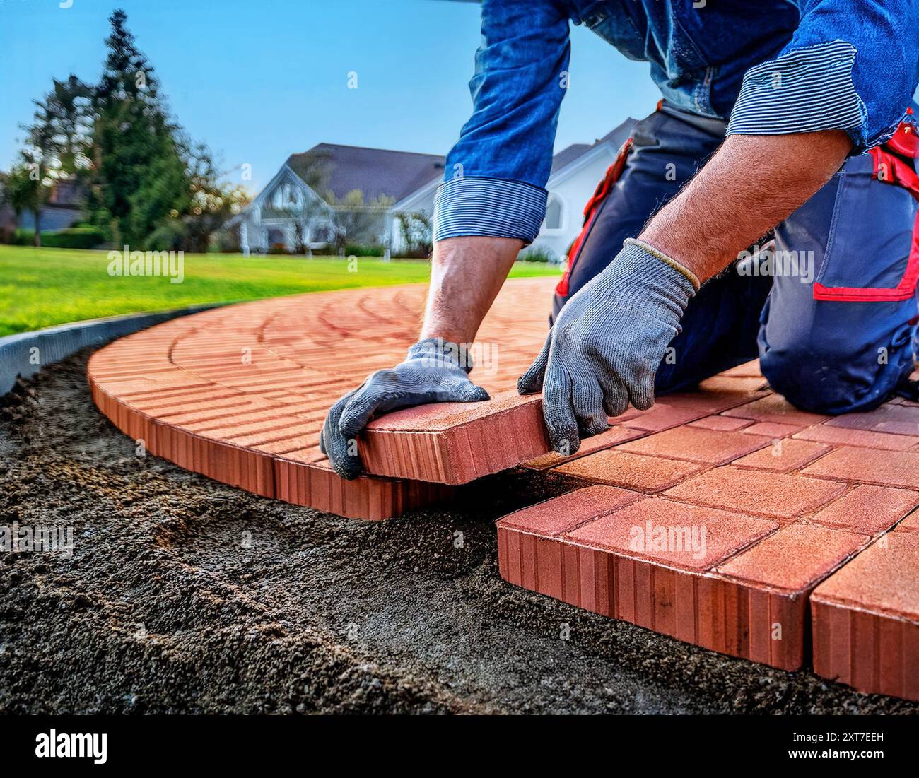 A worker installs red pavers for a curved walkway. and places the last ...
