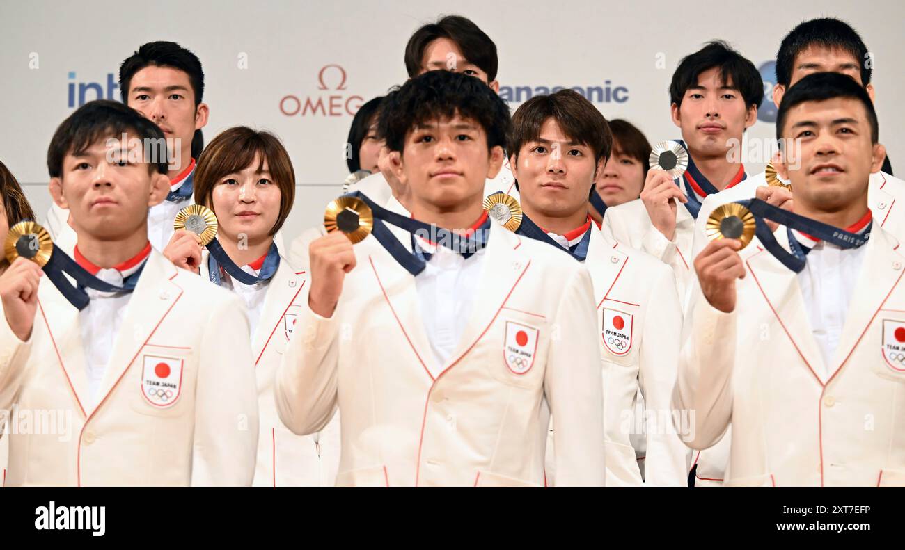 Paris Olympic medalists attend a press conference in Tokyo on August 14 ...