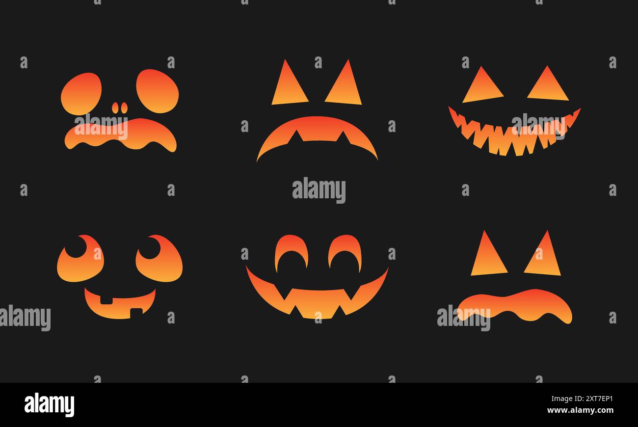 Scary Monster Faces Set. Jack O Lantern Face Halloween Pumpkin Icon ...