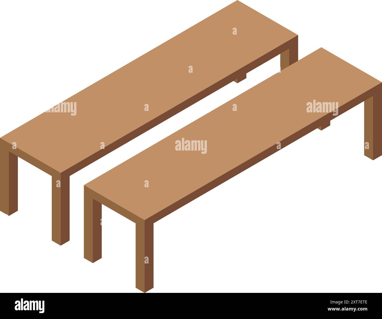 This isometric icon illustration featuring two long wooden benches ...