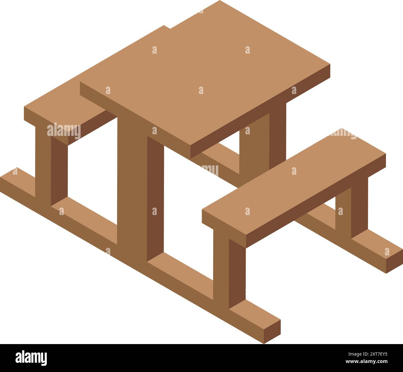 Wooden picnic table standing on four legs with attached benches on ...
