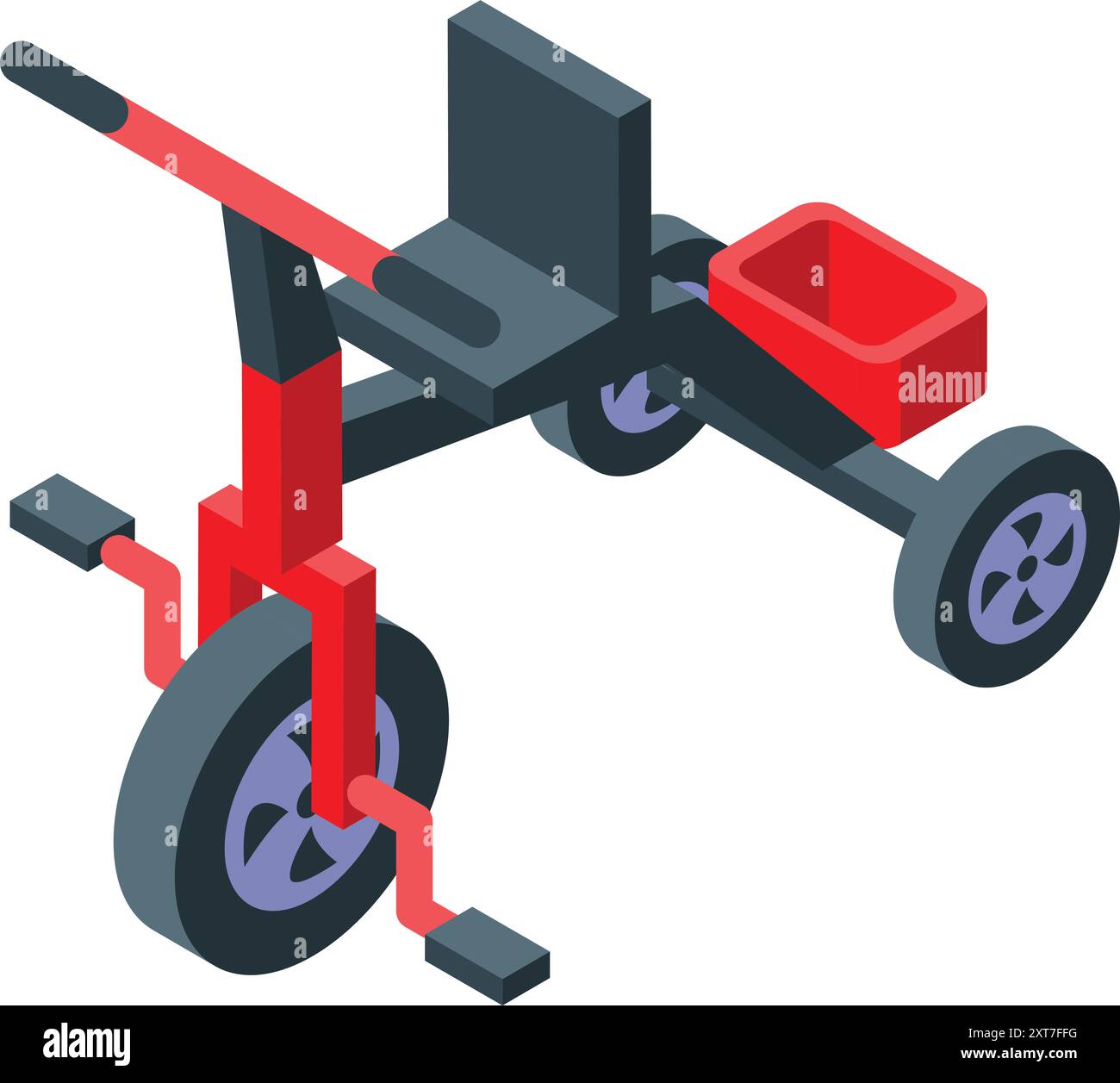 Red tricycle with pedals and a storage box, shown in an isometric view ...