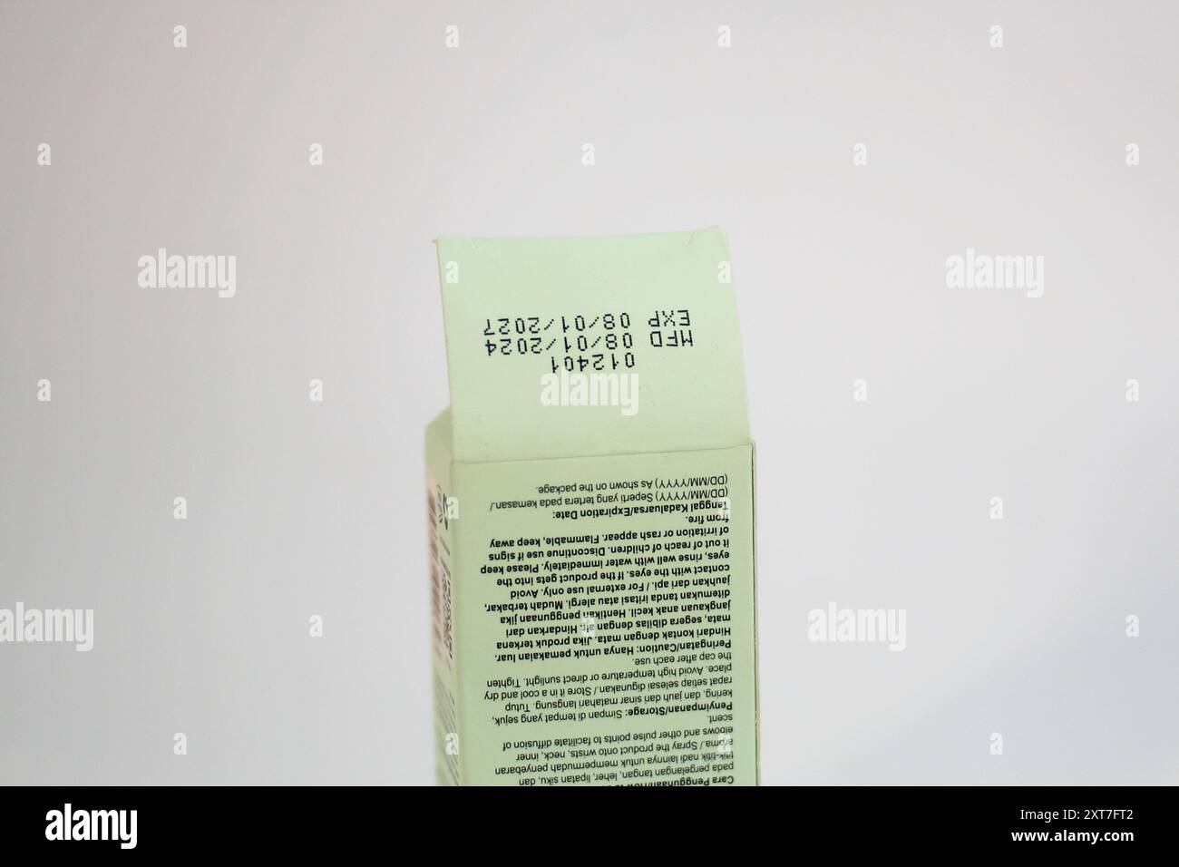 Close up of manufacturing and expiration date on the cardboard box ...