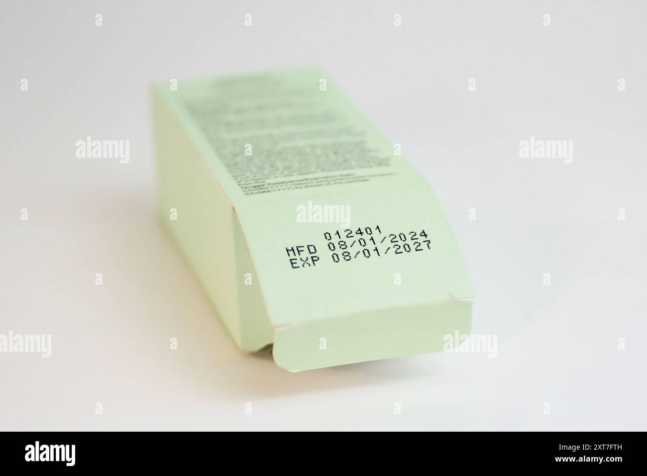 Close up of manufacturing and expiration date on the cardboard box ...