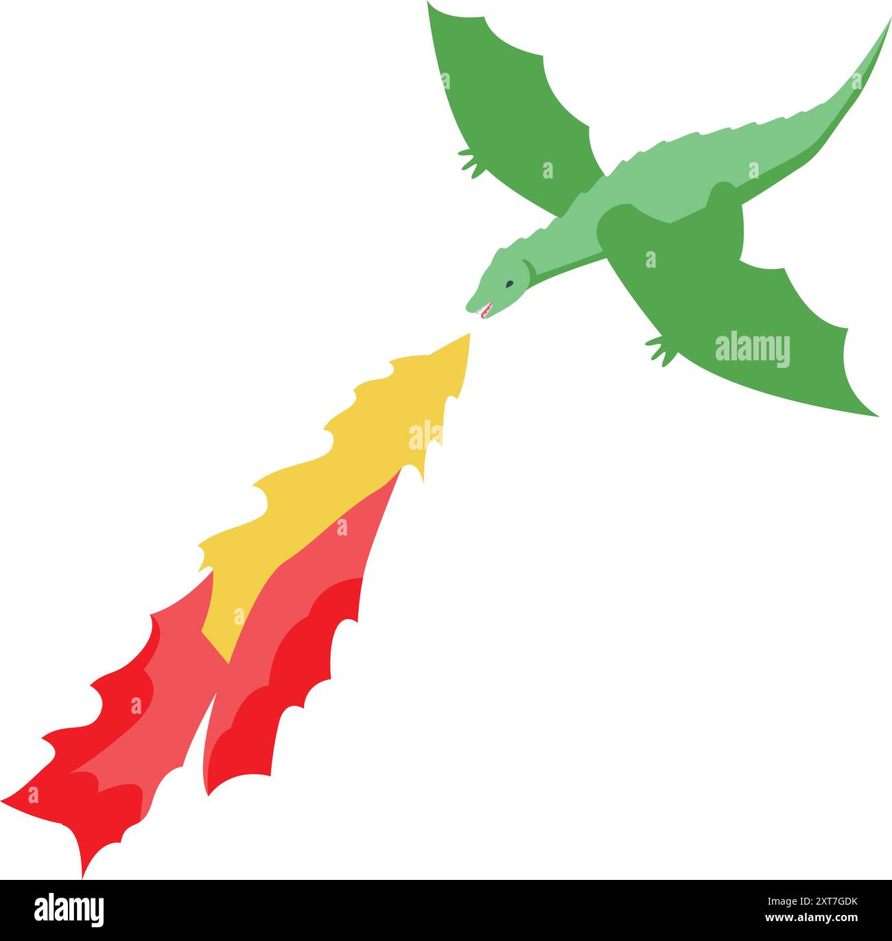 Green dragon flying and spitting fire in a simple colorful illustration ...