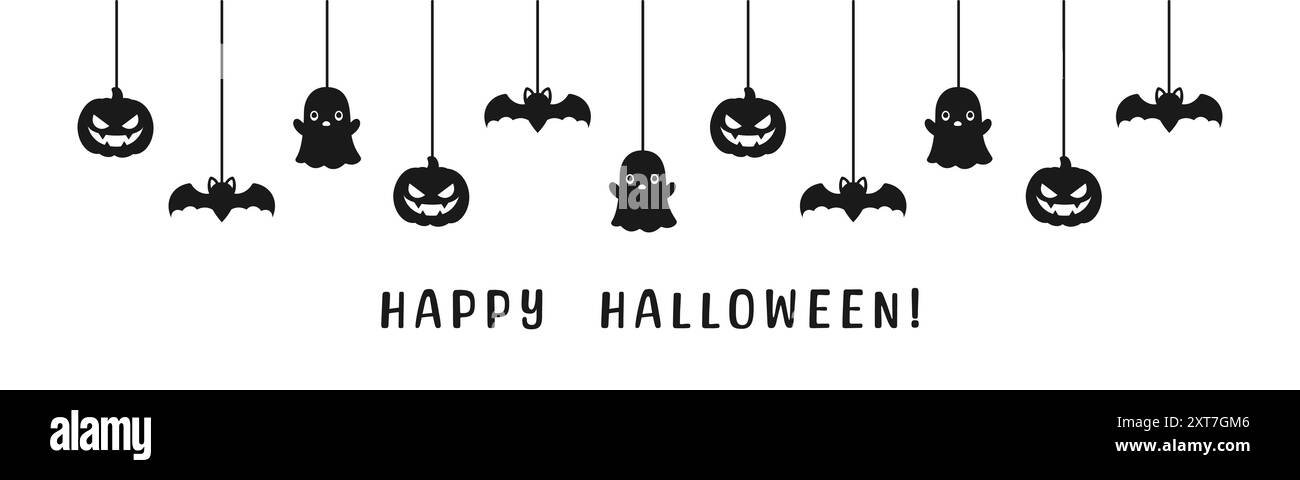 Happy Halloween banner or border with black bats, spider web, ghost and ...