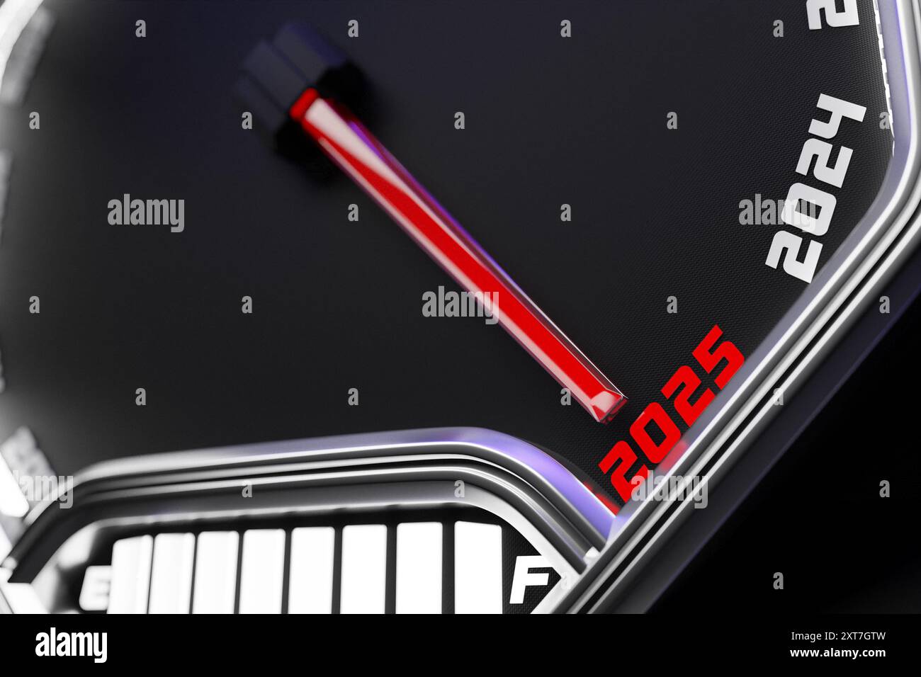 3D illustration close up black speedometer with cutoffs 2024,2025 . The ...