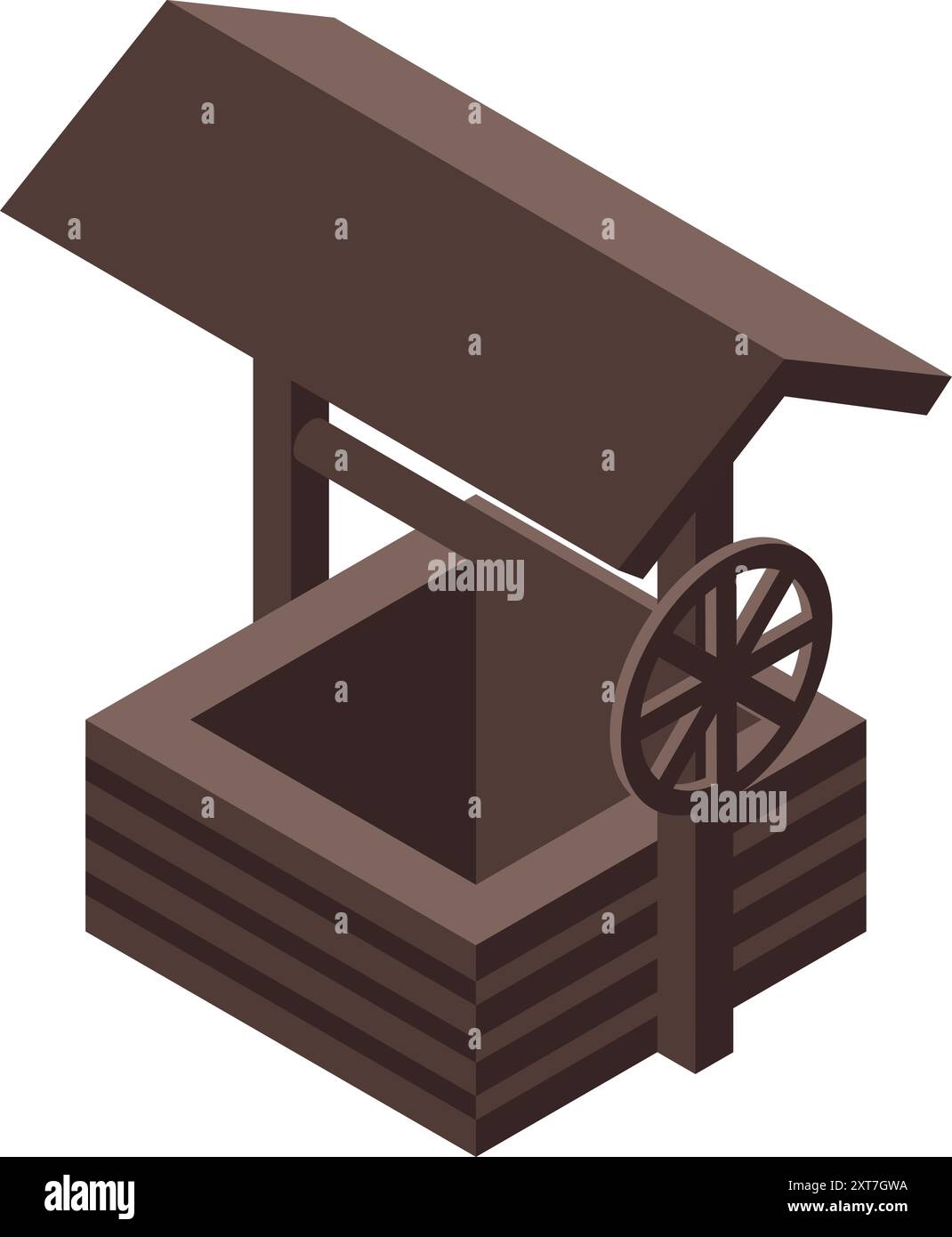 Isometric view of a wooden water well with a roof, showcasing a ...