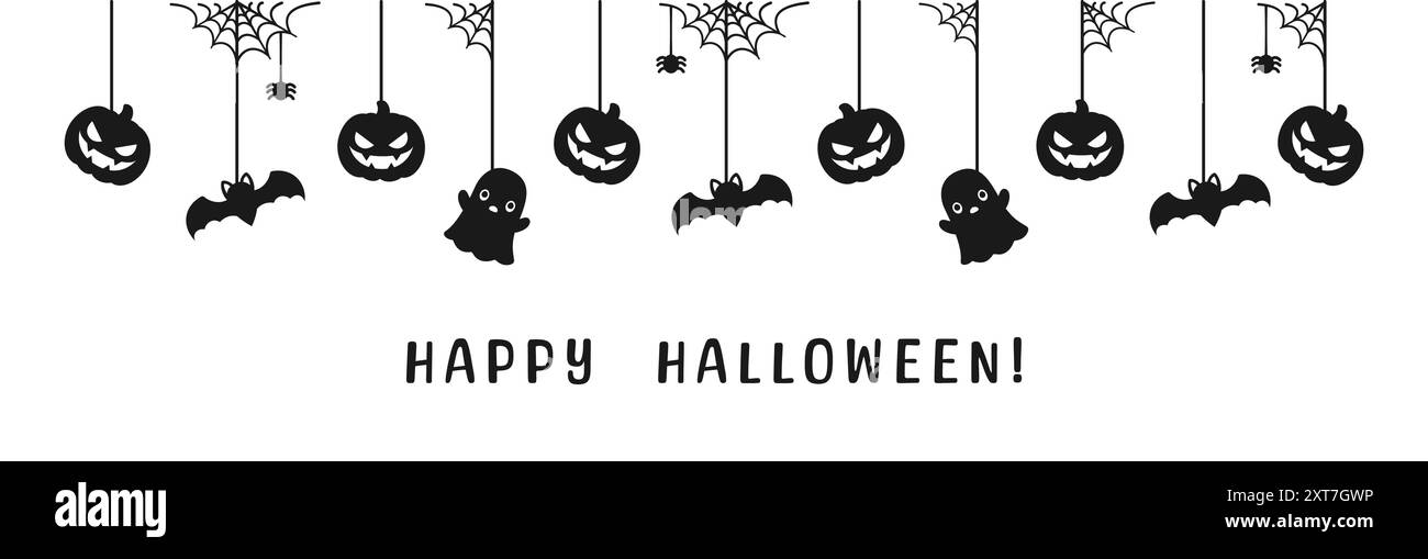 Happy Halloween banner or border with black bats, spider web, ghost and ...