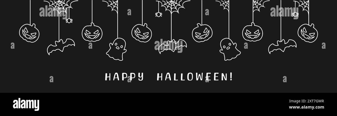 Happy Halloween banner or border with bats, spider web, ghost and jack ...