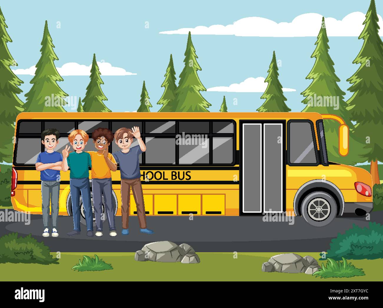 Group of friends standing near a school bus Stock Vector Image & Art ...