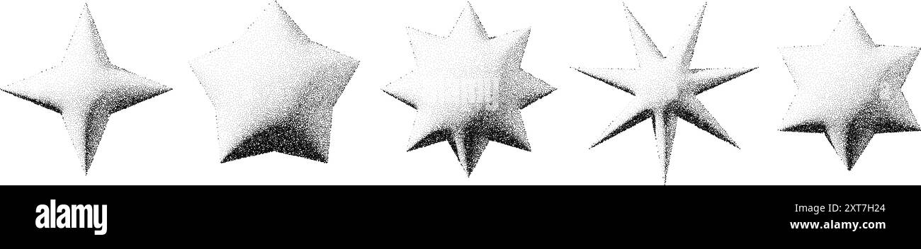 Black stippled star set. 3d dotted textured flares and sparkles ...