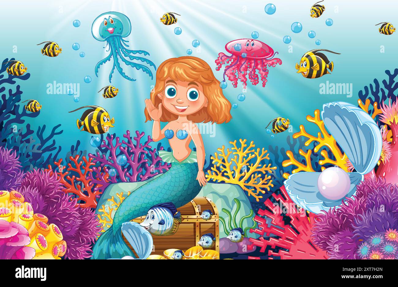 Mermaid surrounded by sea creatures and coral reef Stock Vector Image ...