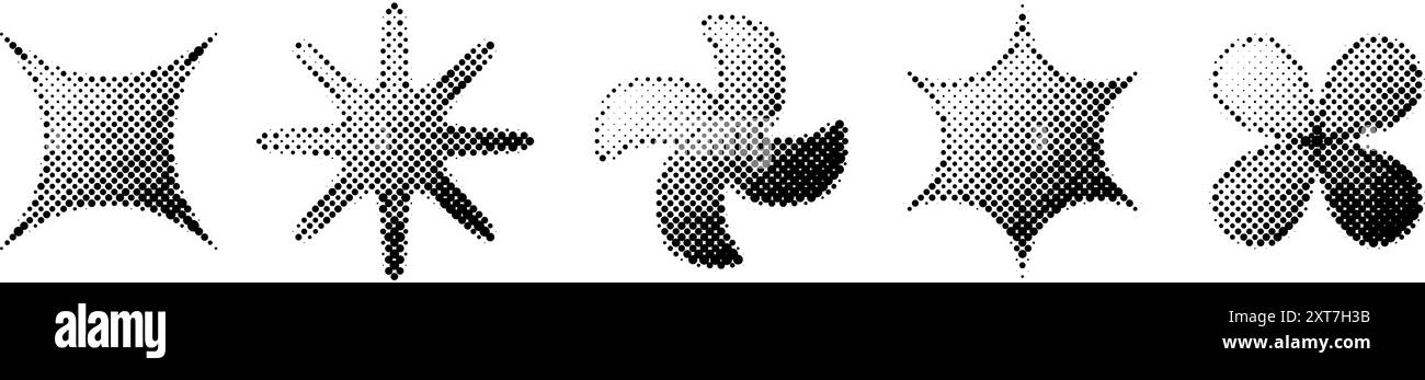 Halftone grain stars set. Dotted grunge geometric shape collection. Y2K ...
