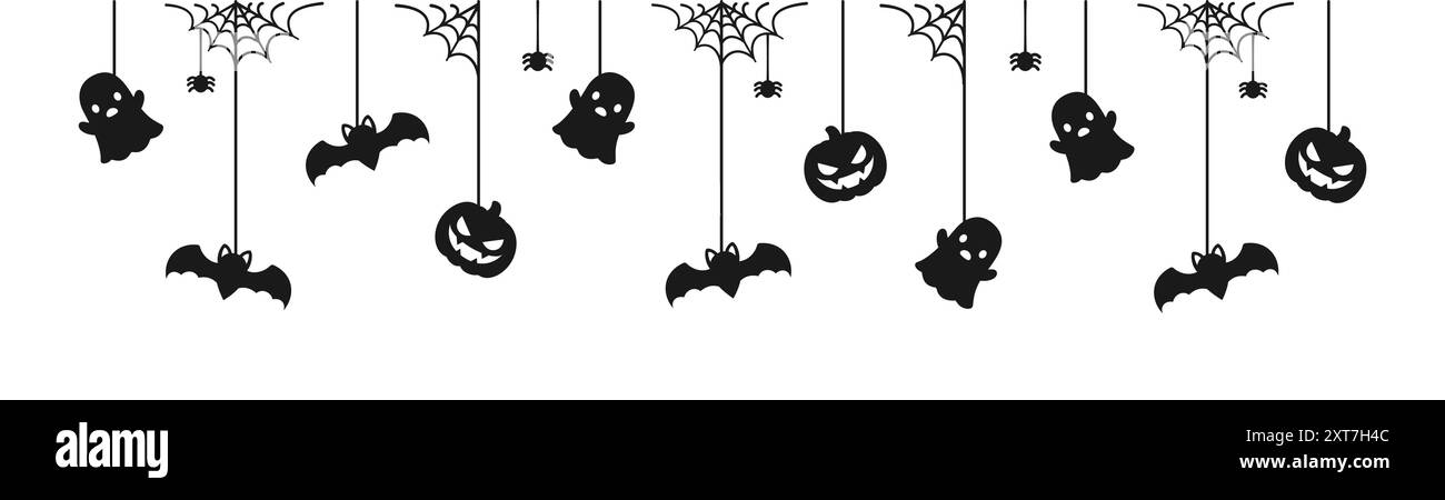 Happy Halloween banner or border with black bats, spider web, ghost and ...