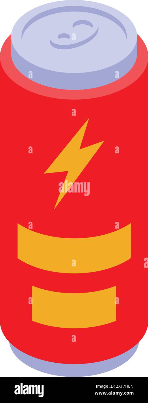 Red aluminum can with yellow label and lightning symbol, isolated on ...