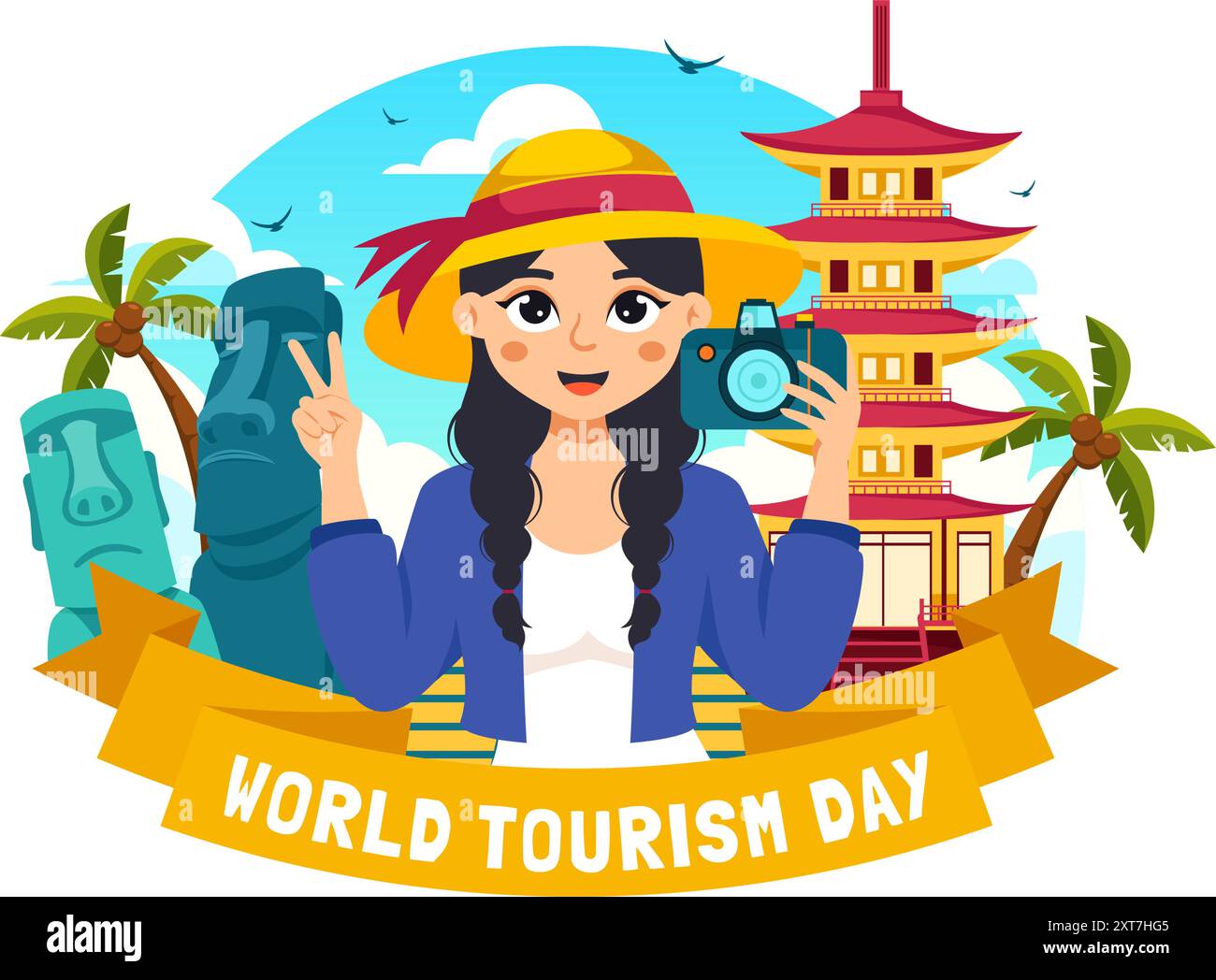 World Tourism Day Vector Illustration featuring a Globe and Famous ...