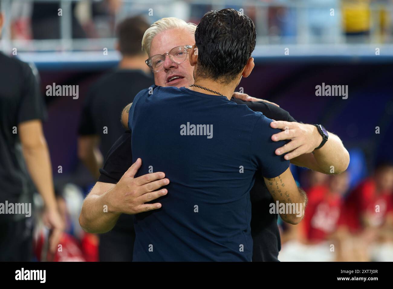 Bucharest, Romania. 13th Aug, 2024: Lars Friis (L), Sparta Praha head ...