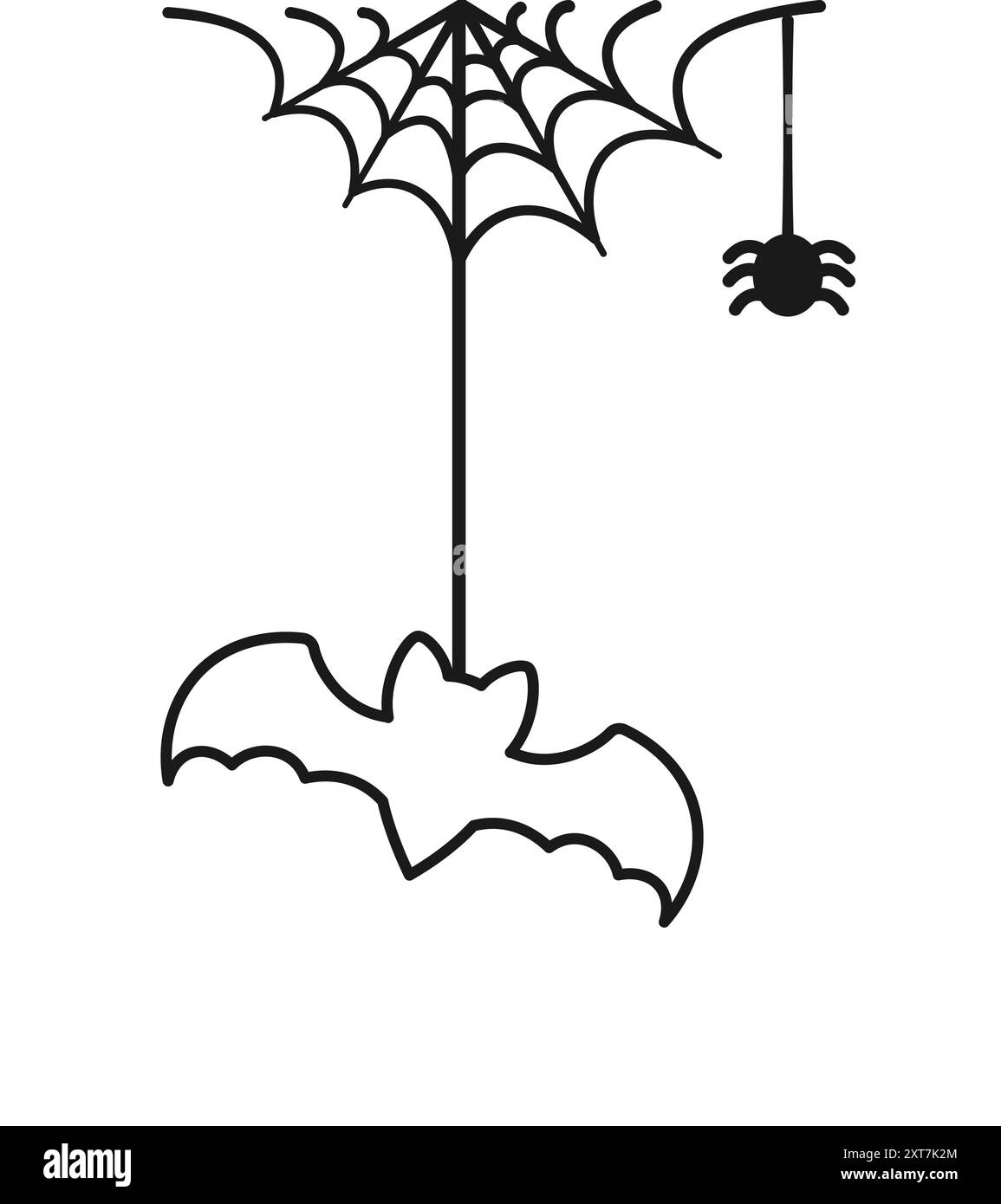 Bat Hanging on a Spider Web Doodle Outline Line Art, Happy Halloween ...