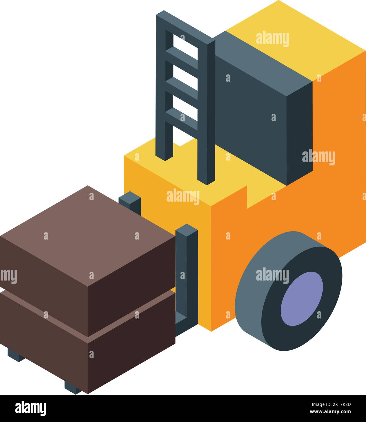 Isometric view of a yellow forklift lifting a heavy wooden box ...