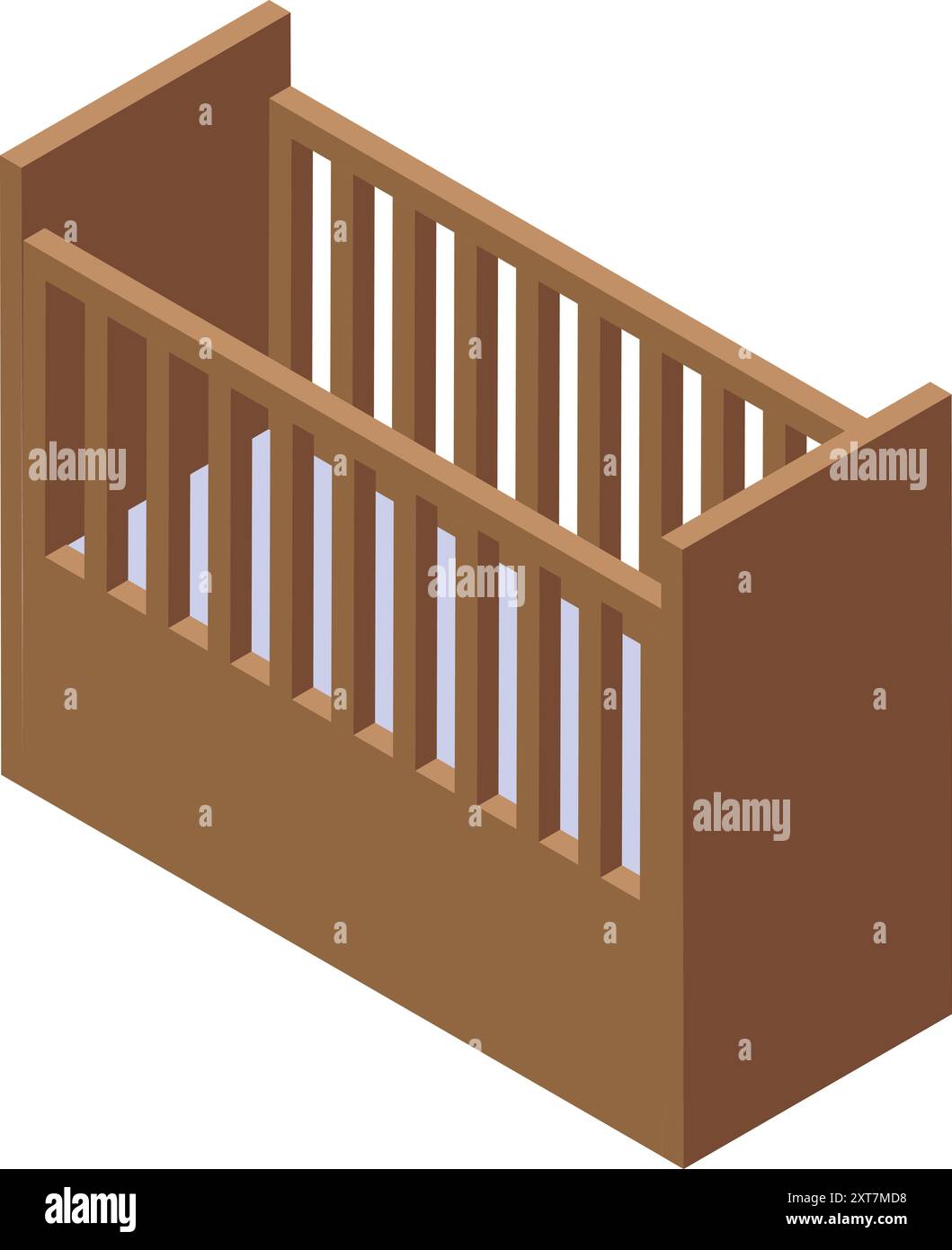 This isometric view of a wooden baby crib highlights its sturdy ...