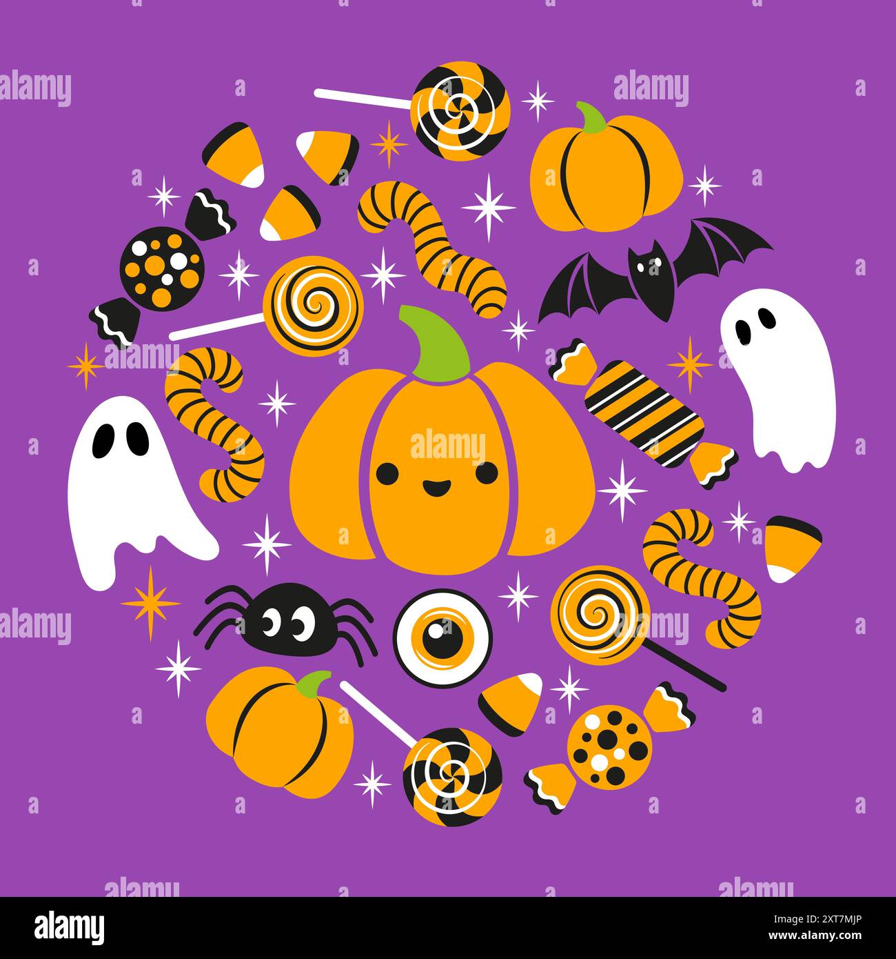 Illustration of cute pumpkins, sweets and ghosts for Halloween trick or ...