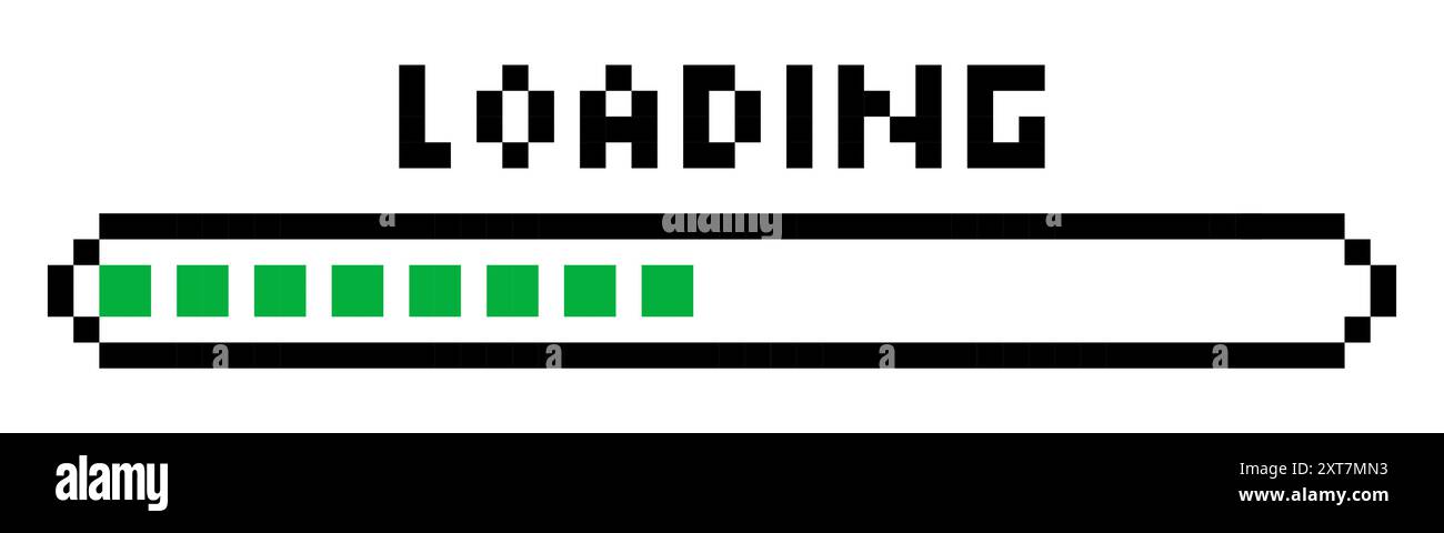 Pixel loading bar y2k retro 8 bit interface game, progress level, download status frame. Pixel ...