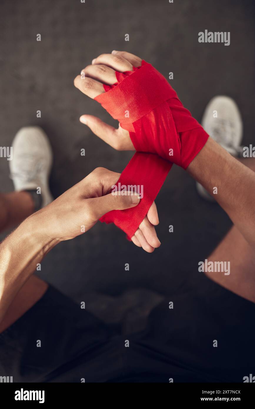 Man, boxer and wrapping hand with bandage above for self defense, fight ...