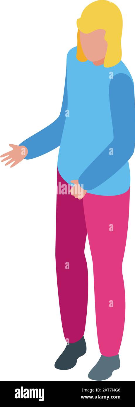 Young woman is standing and explaining something using hand gestures ...