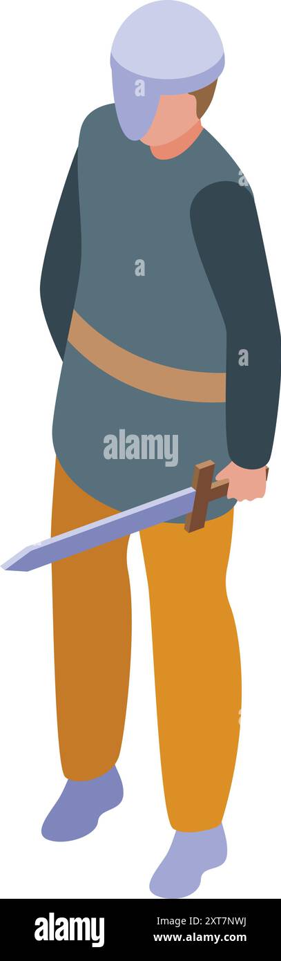Medieval warrior holding sword behind his back isometric icon, 3d ...