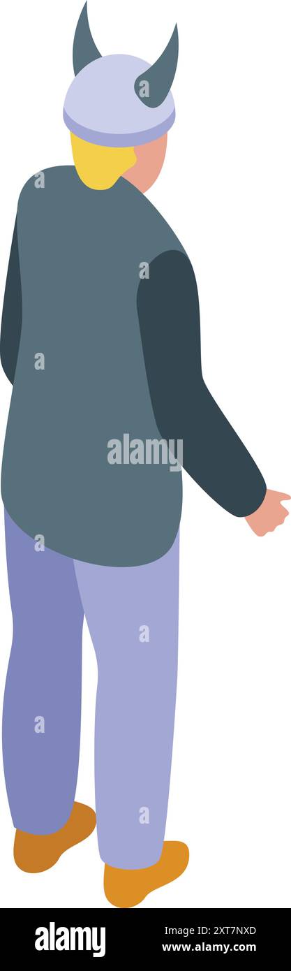 Man wearing viking hat is walking away, back view, 3d isometric icon ...