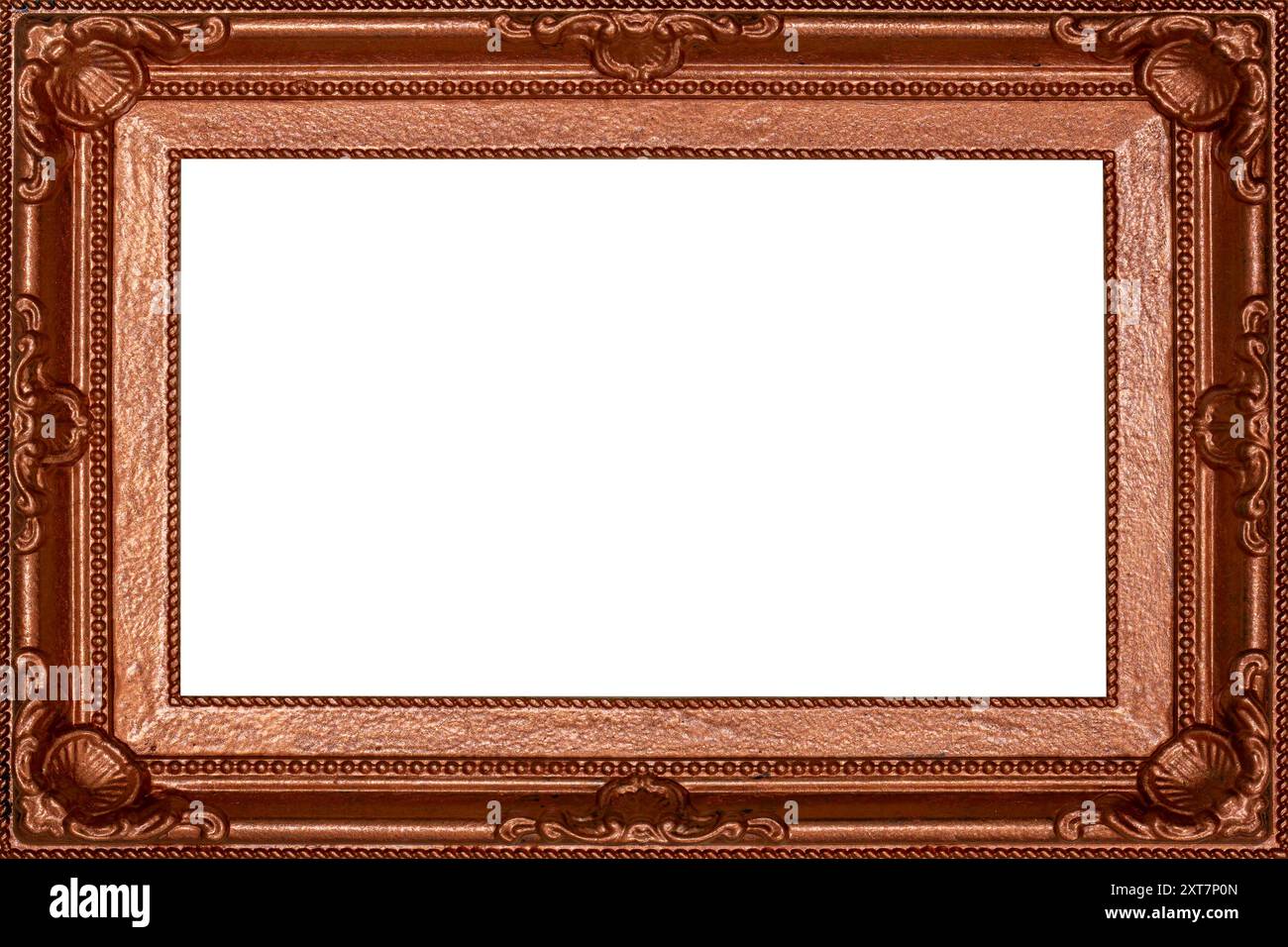Ornate old vintage antique copper frame with plain white space in the ...
