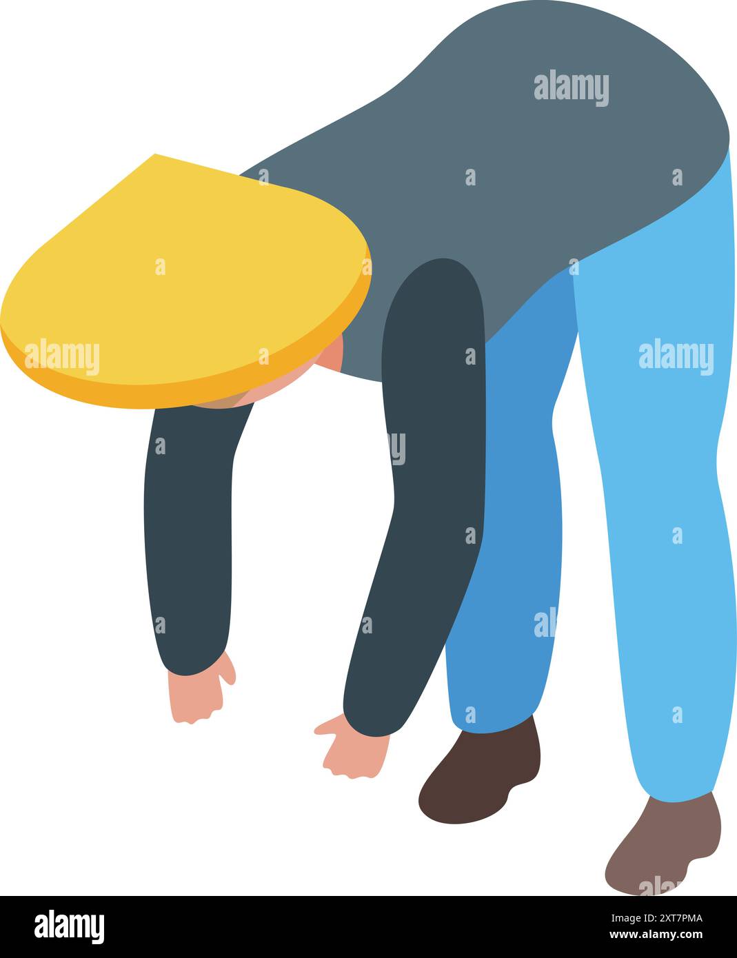 Asian farmer wearing a traditional conical hat is bending over and ...