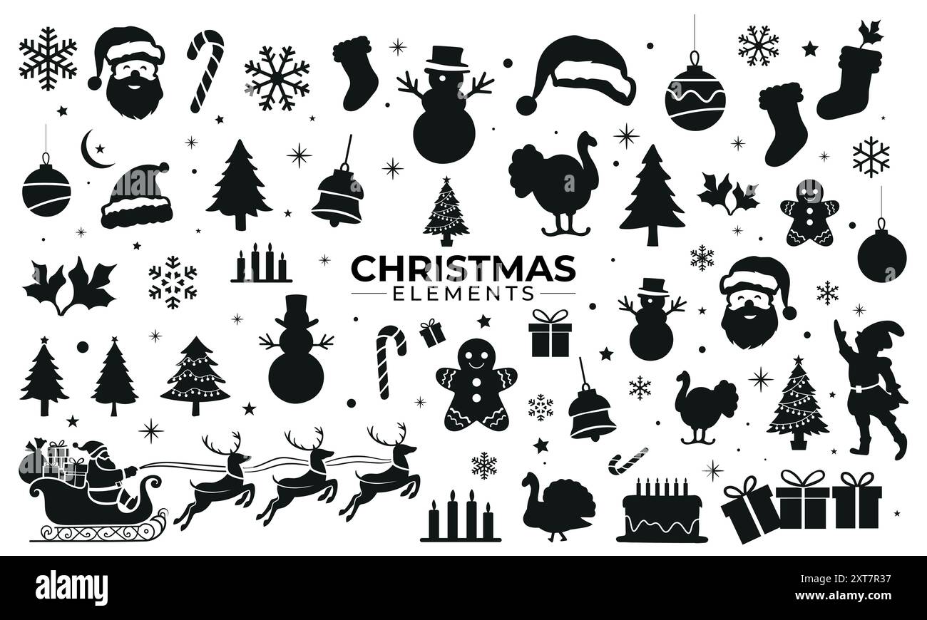 Vector set of Christmas Elements silhouettes. Santa Claus, sleigh ...