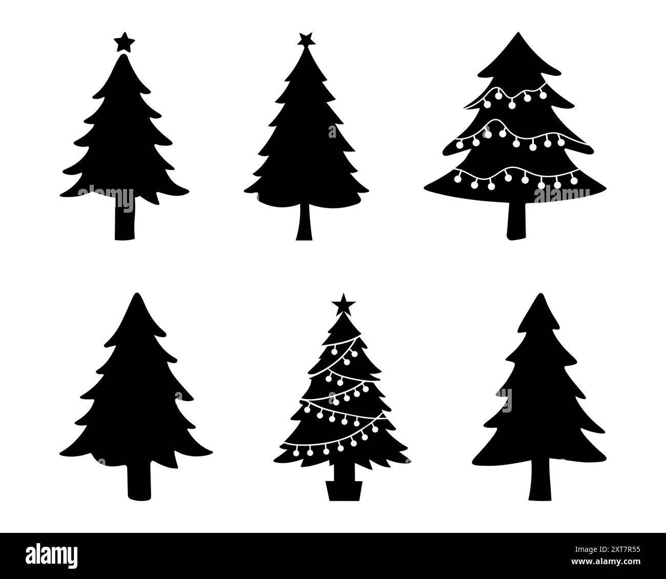 Black and White Christmas Tree Silhouette Vector Set with Festive ...