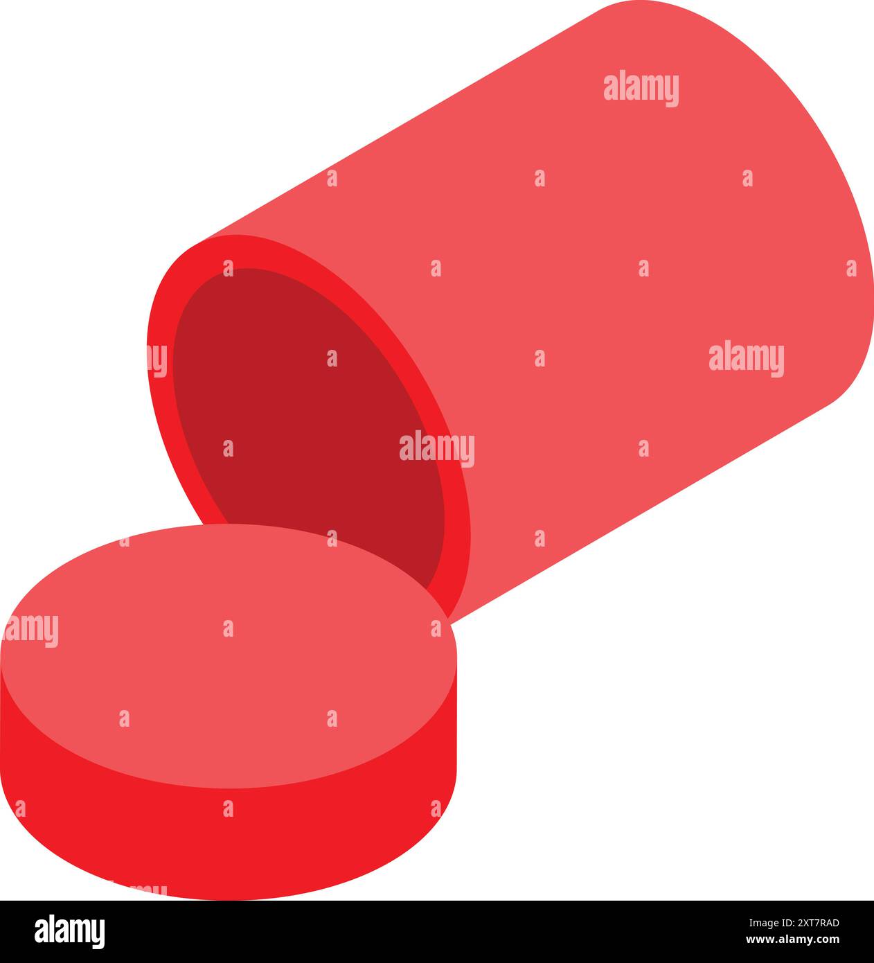 Red cylinder container lying open with its lid next to it, isometric ...