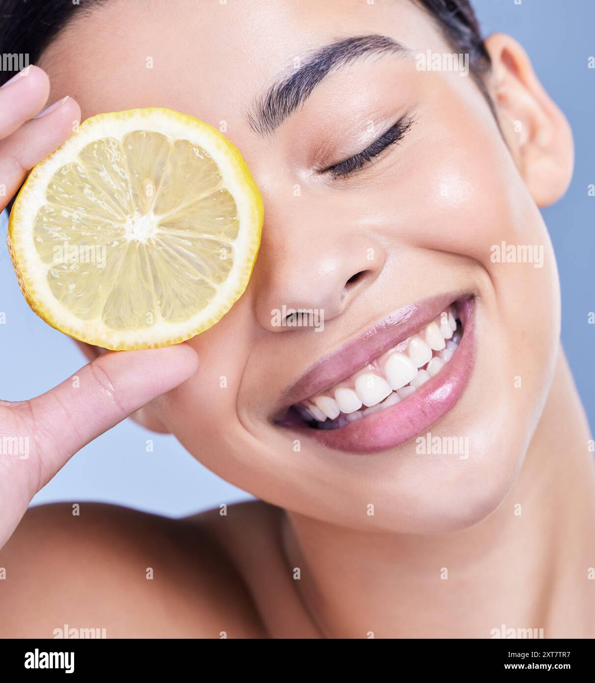 Skincare, smile and woman with lemon for beauty, health benefits and ...