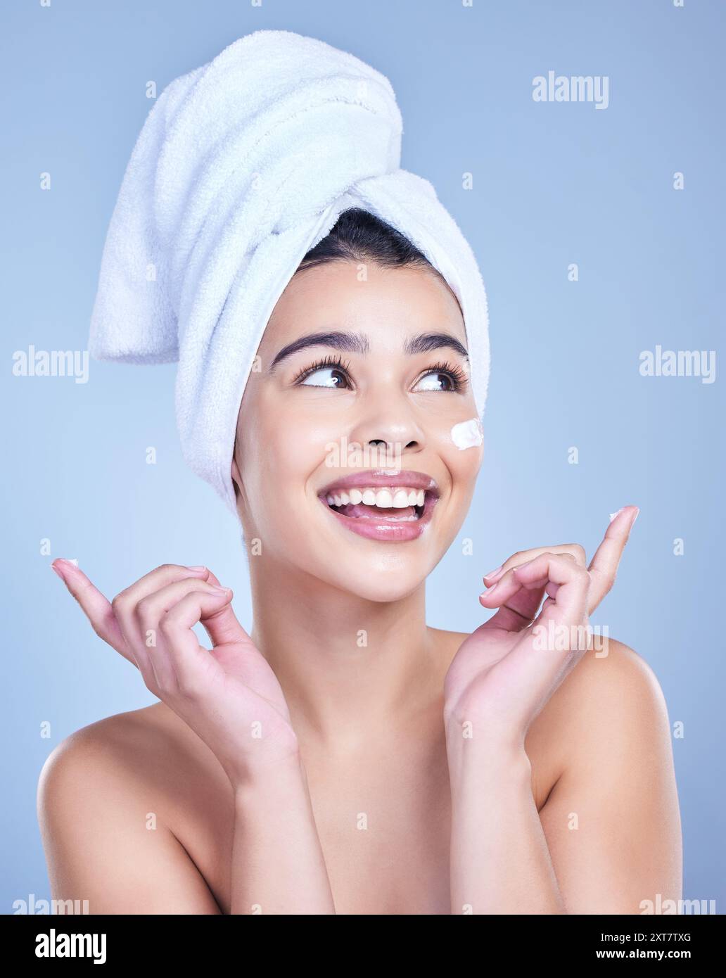 Studio, woman face and cream with thinking for skincare, application ...