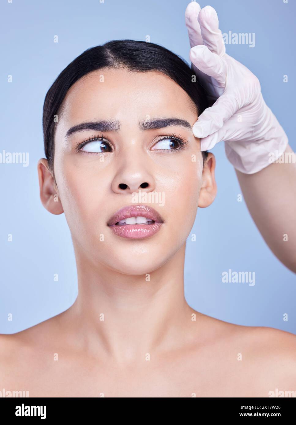 Woman, face and plastic surgery with gloves for facial transformation ...