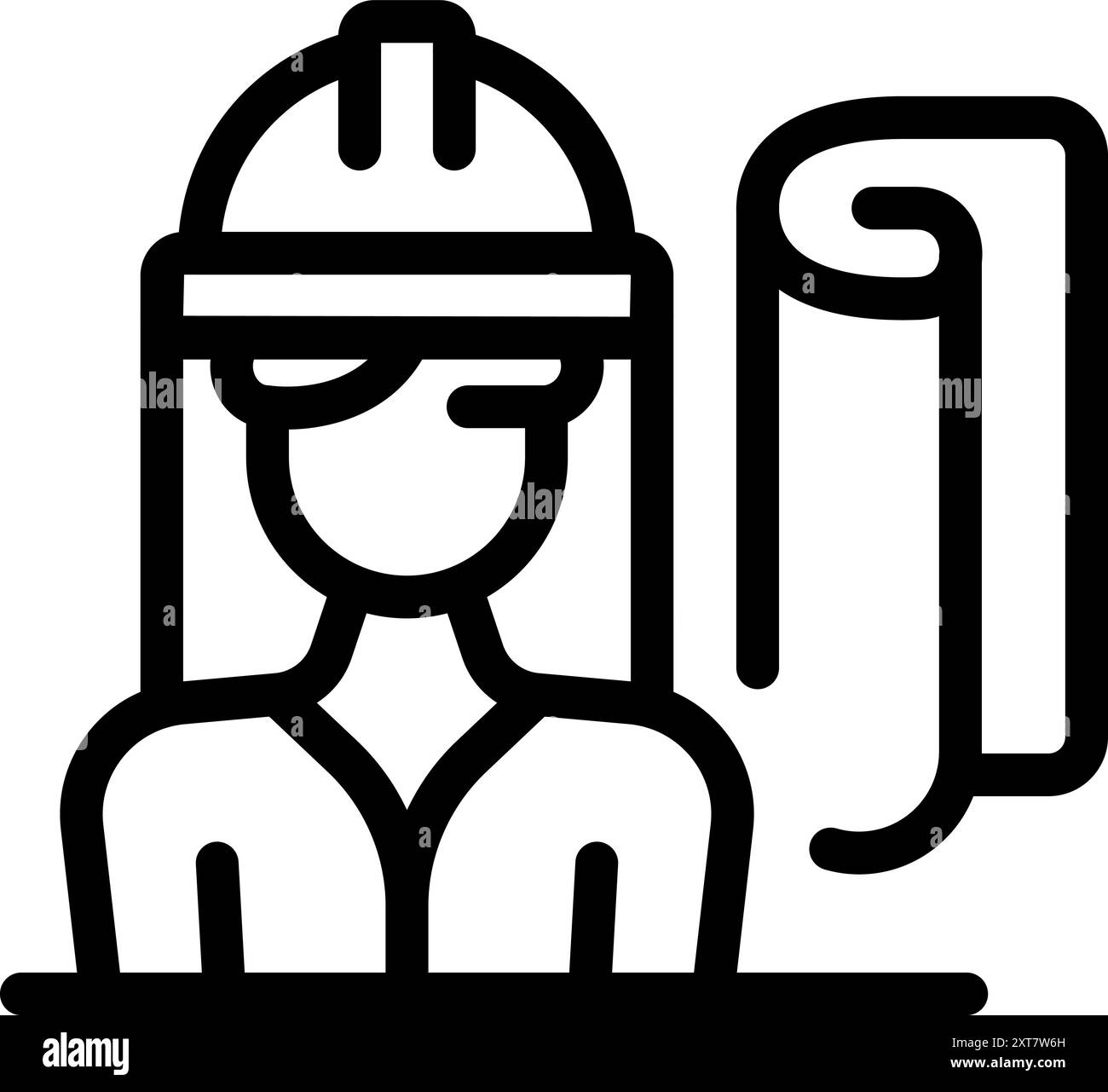 Line drawing of a woman working in construction or engineering holding ...