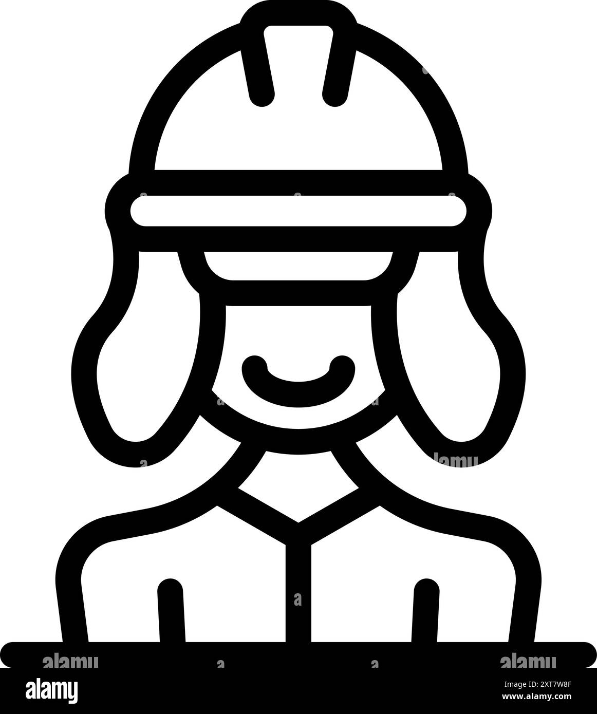 Line icon of a happy female construction worker, emphasizing workplace ...