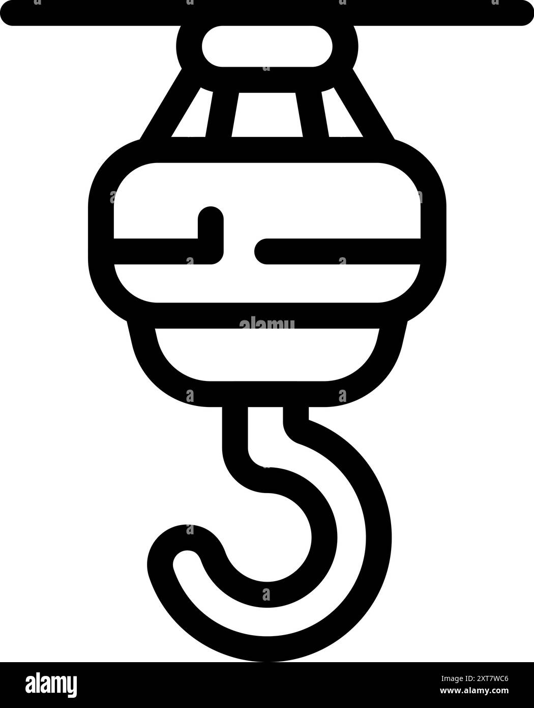 Line icon of a crane hook hanging from a mechanical arm, ready to lift ...