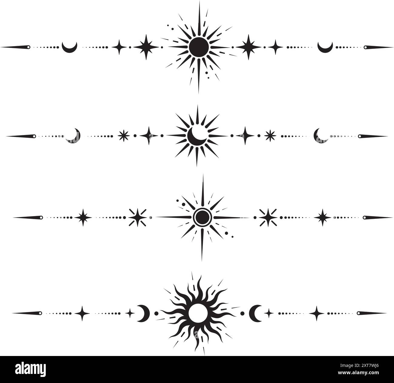 Magic vector border with celestial stars sun and moon. Astrology fantasy decorative ornament ...