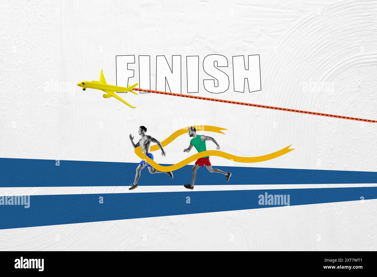 3d creative template collage of two young guys running finish line ...