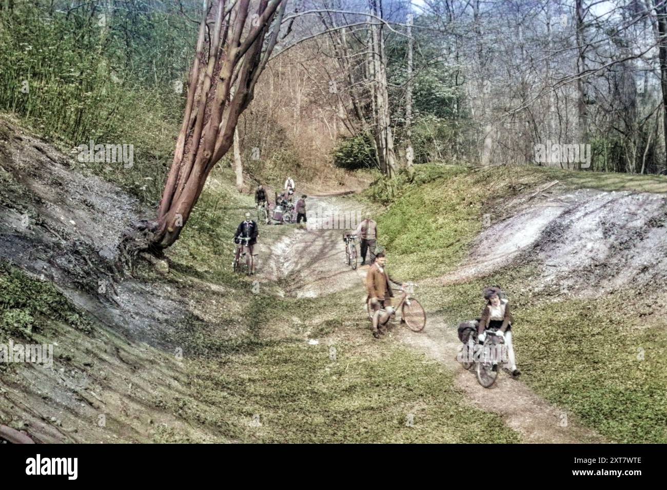 Cycle club outing cyclists negotiating cross country path through ...