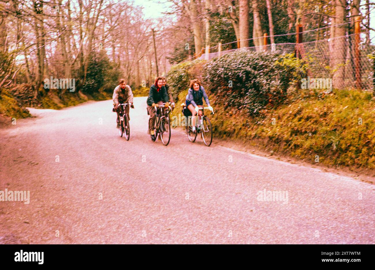 Four cyclists, women two women, cycling along country road, southern ...