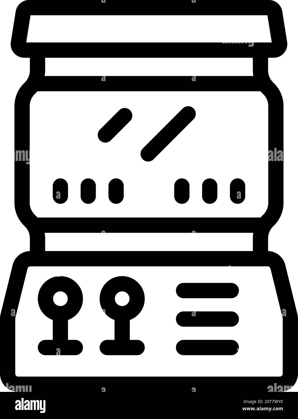 Line art icon of a retro arcade game machine with joysticks and screen ...