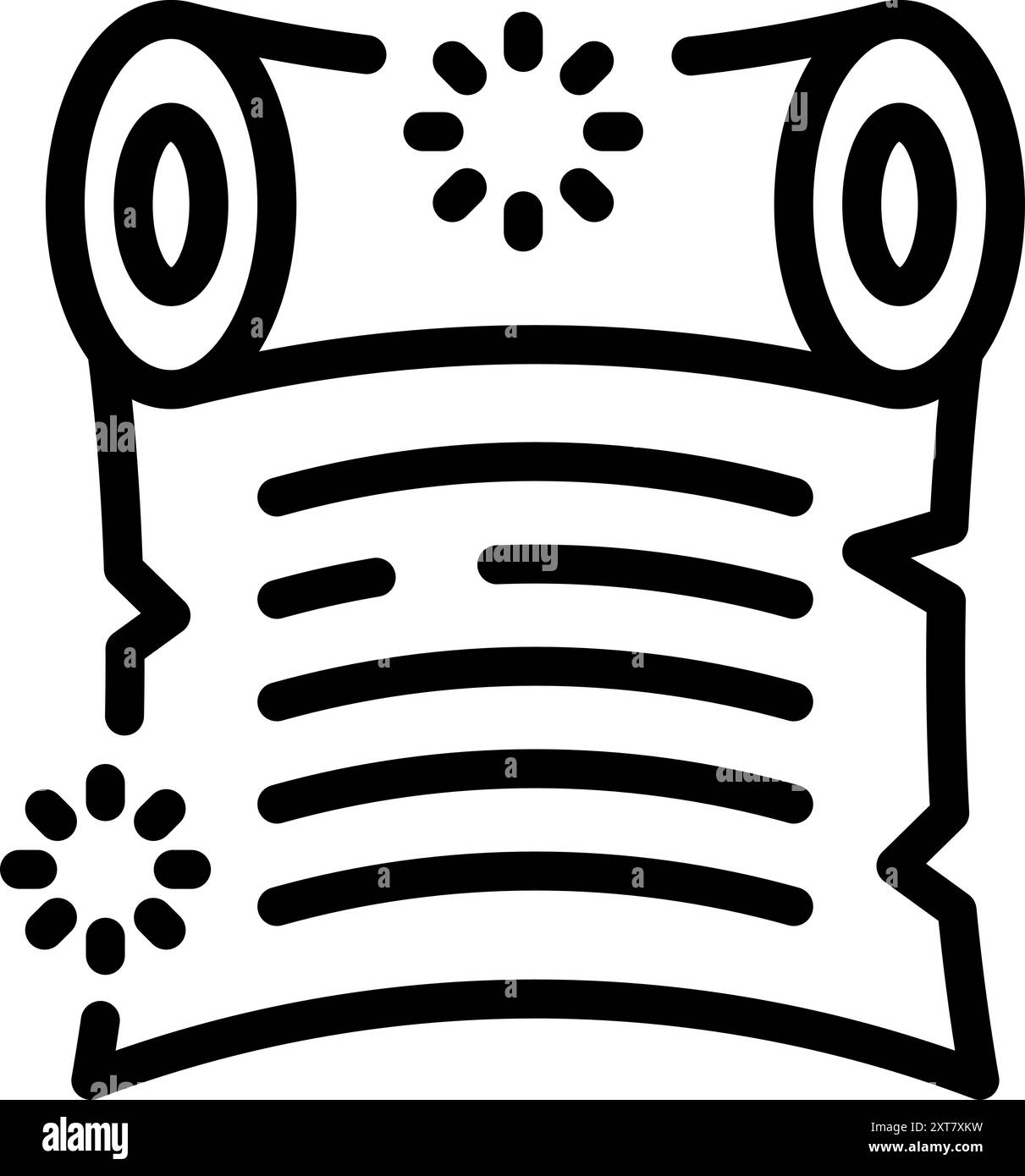 Black outline vector icon of an ancient paper scroll with glowing magic ...