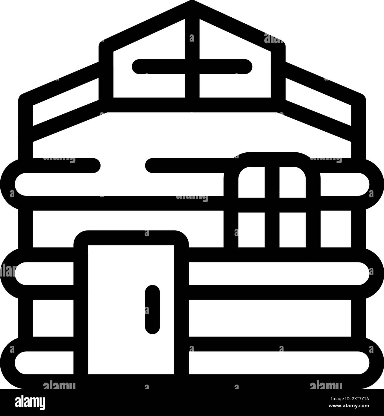 Simple black line vector icon representing a log cabin with a door and ...